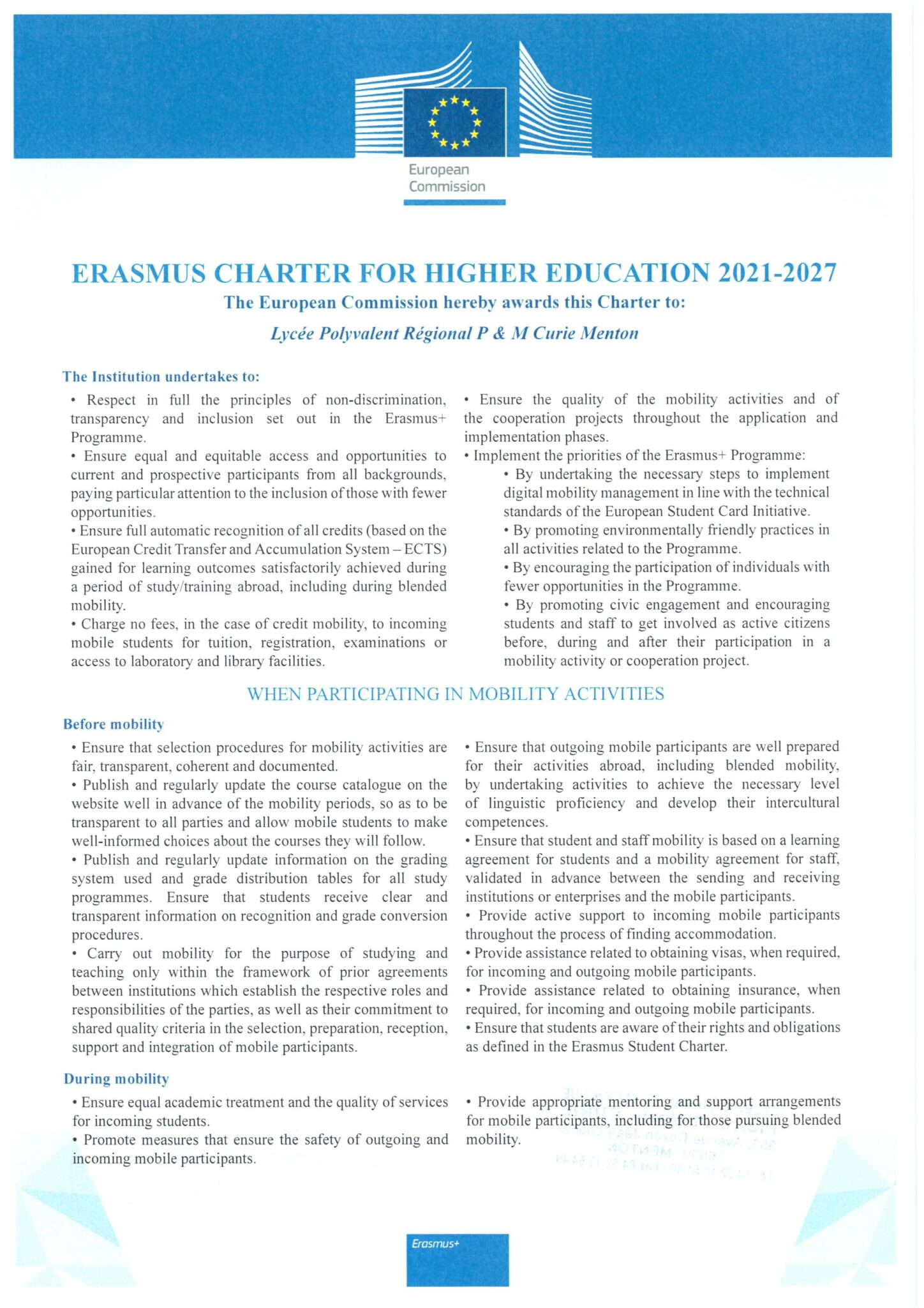 Charte ERASMUS | Lycée Pierre et Marie CURIE à Menton